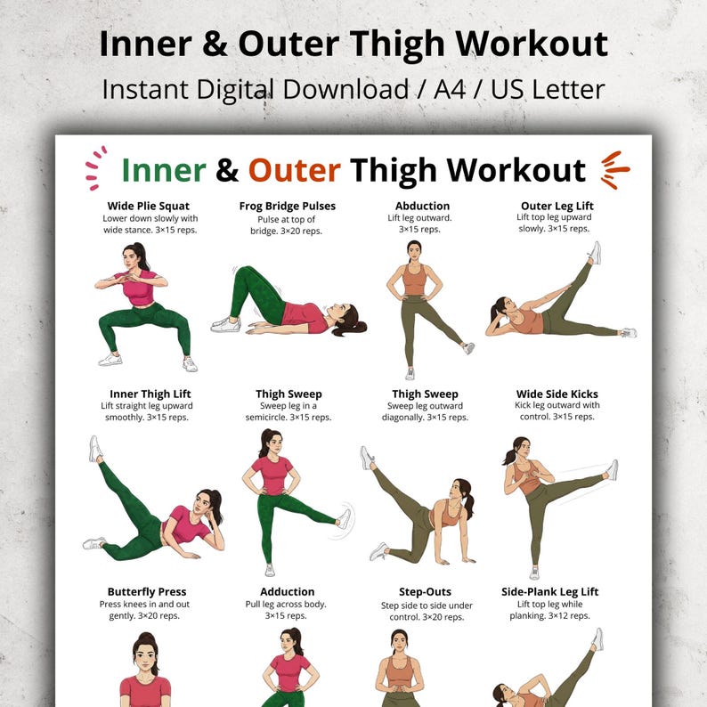 Inner & Outer Thigh Workout Poster, Leg Exercise Printable, Thigh ...