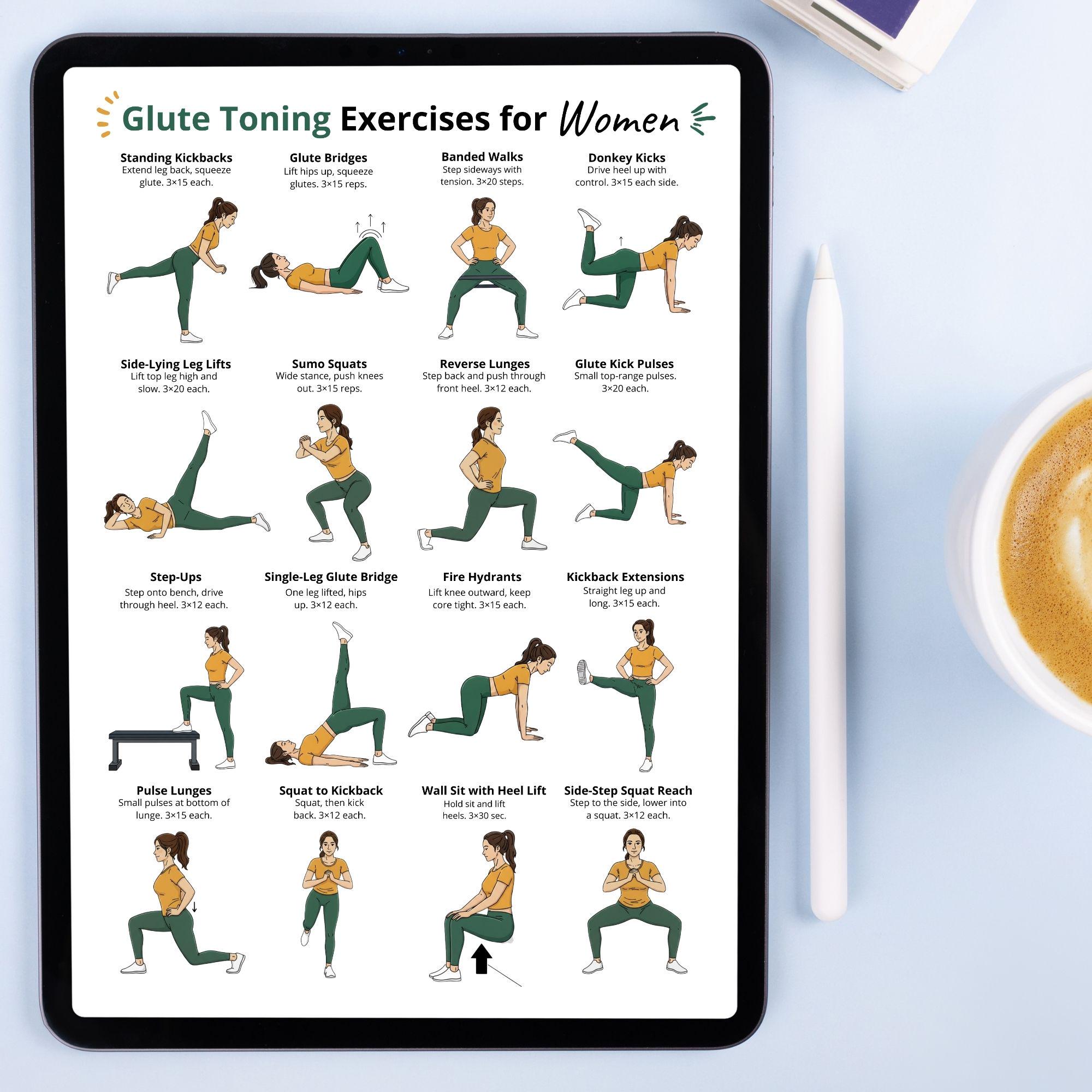 Glute Exercises for Women, Lower Body Exercise Chart, Glute Workout ...