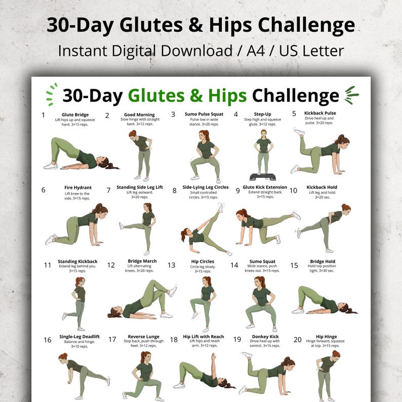 30 Day Glutes & Hips Challenge Poster, Lower Body Exercise Chart, Home ...