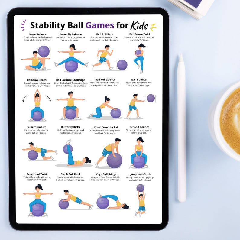 Stability Ball Games for Kids Poster, Exercise Ball Activities Chart ...