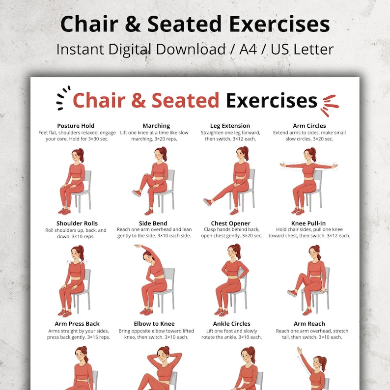 Chair & Seated Exercises Printable | Low Impact Chair Workout Chart for ...