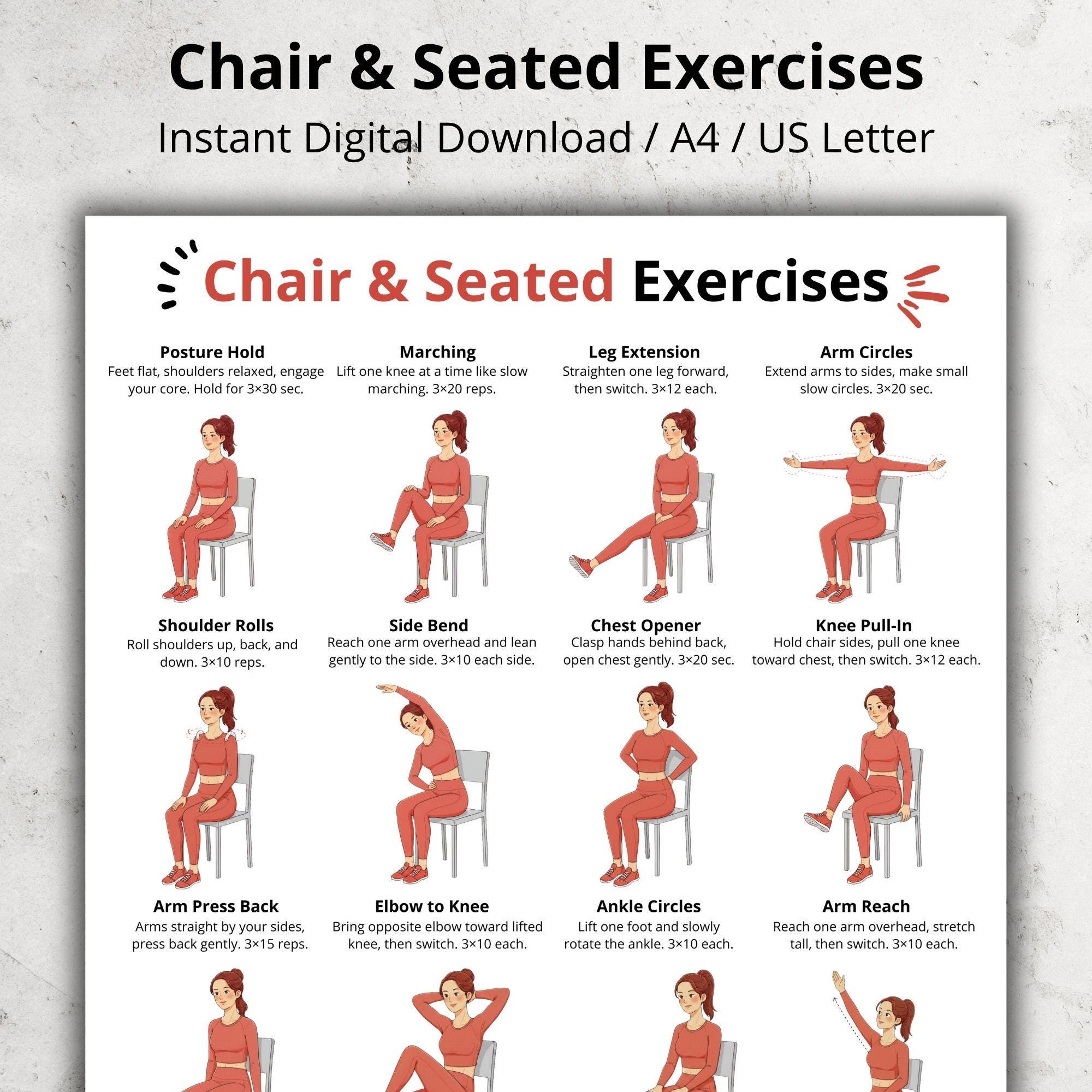 Chair & Seated Exercises Printable | Low Impact Chair Workout Chart for ...