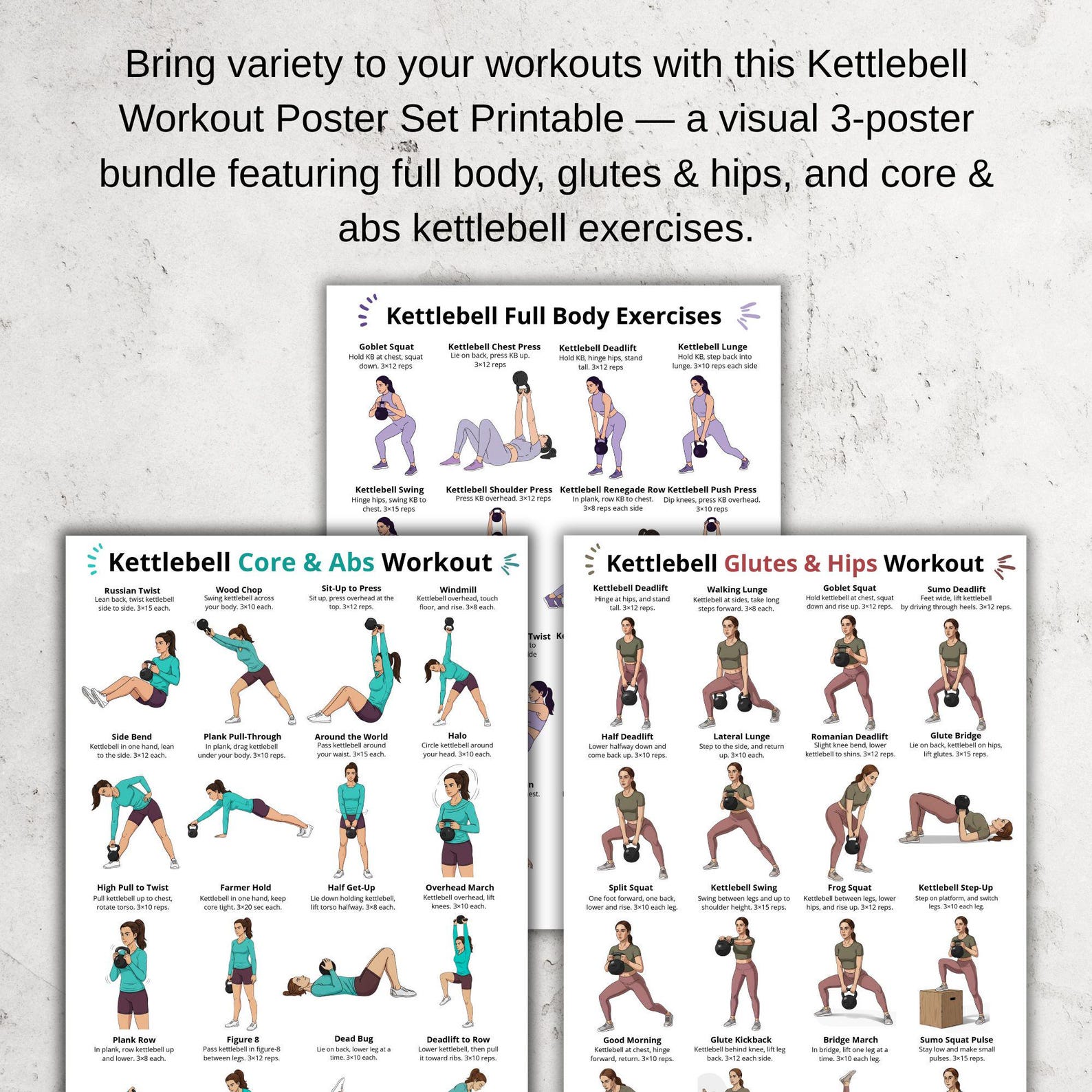 Kettlebell Workout Set, Full Body Kettlebell Exercises, Core Abs Glutes ...