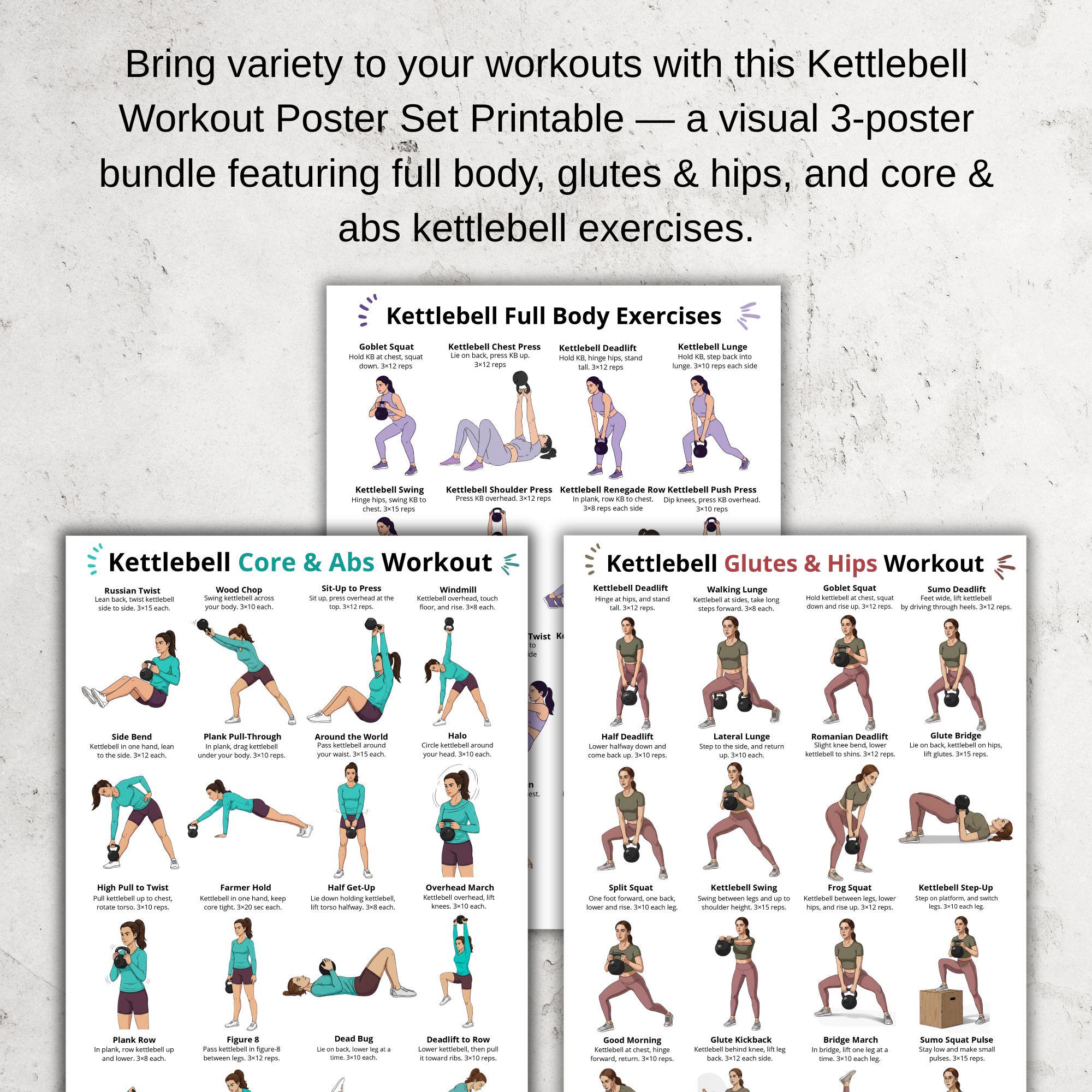 Kettlebell Workout Set, Full Body Kettlebell Exercises, Core Abs Glutes ...