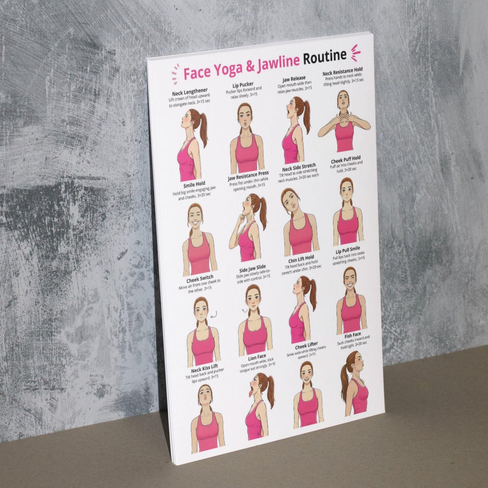Face Yoga Routine Poster, Jawline & Neck Exercises Chart, Facial ...