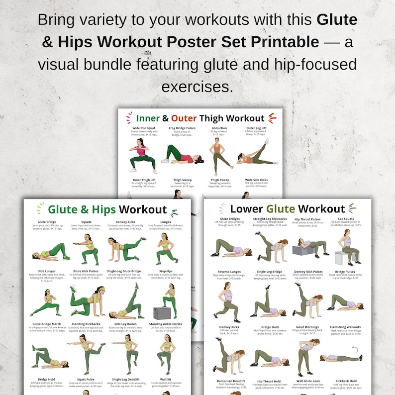 Glute, Hips & Thigh Workout Posters Set for Women, Lower Body Exercise ...