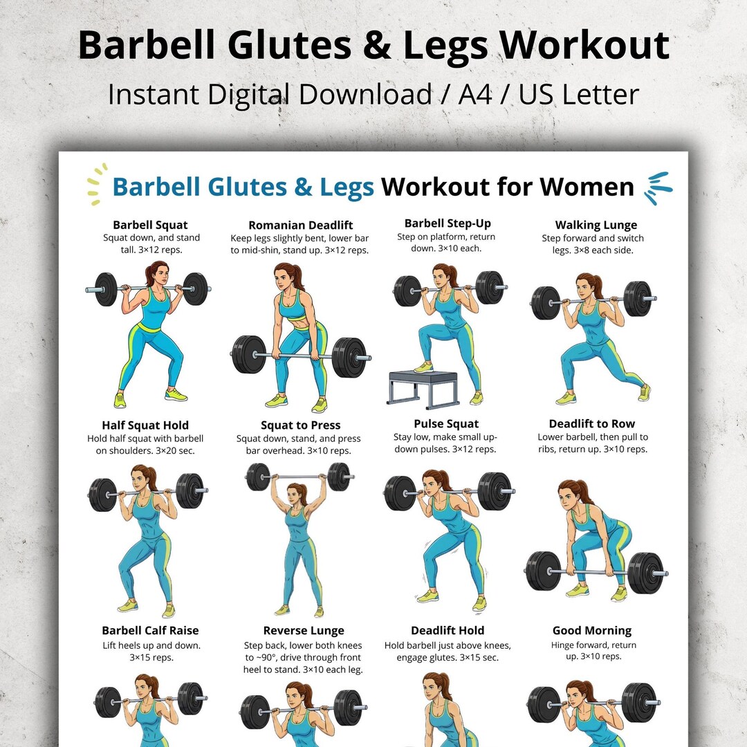 Barbell Glutes and Legs Workout for Women PDF, Barbell Exercise Chart ...