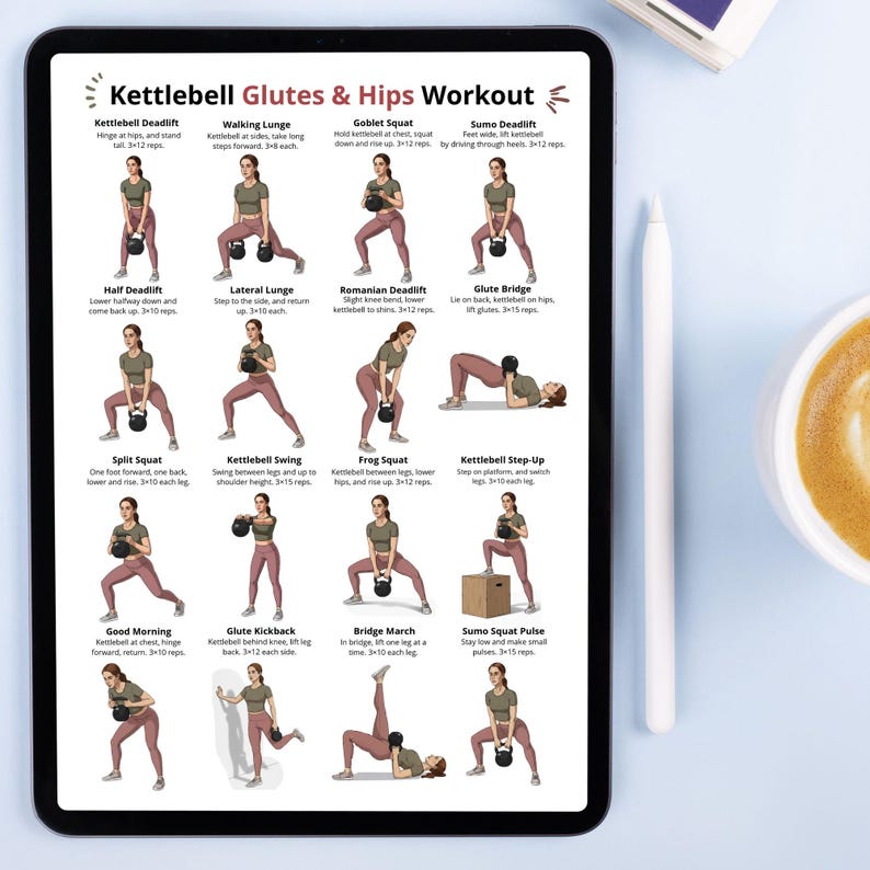 Kettlebell Workout Set, Full Body Kettlebell Exercises, Core Abs Glutes ...