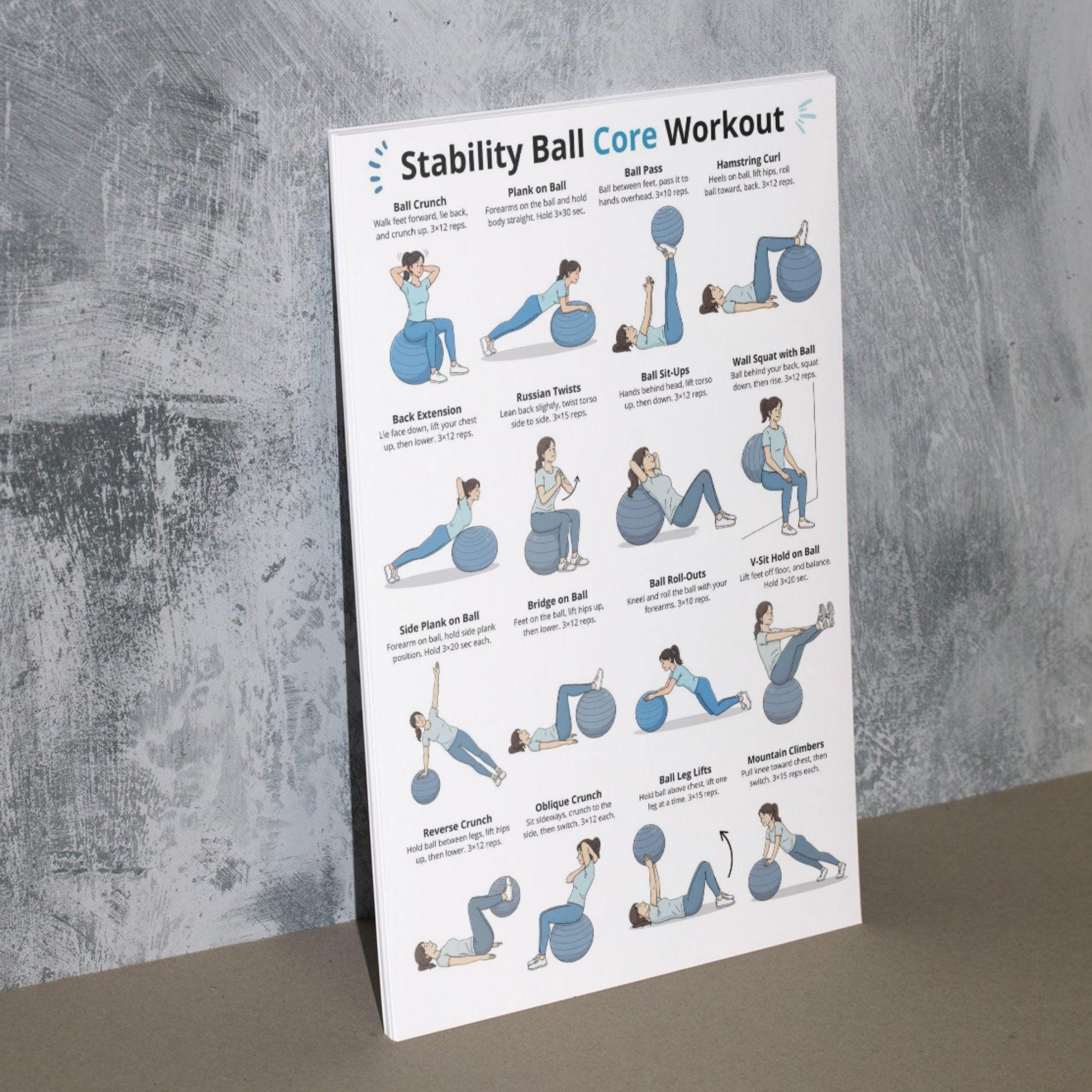 Stability Ball Core Workout, Exercise Ball Workout Chart, Core Workout ...