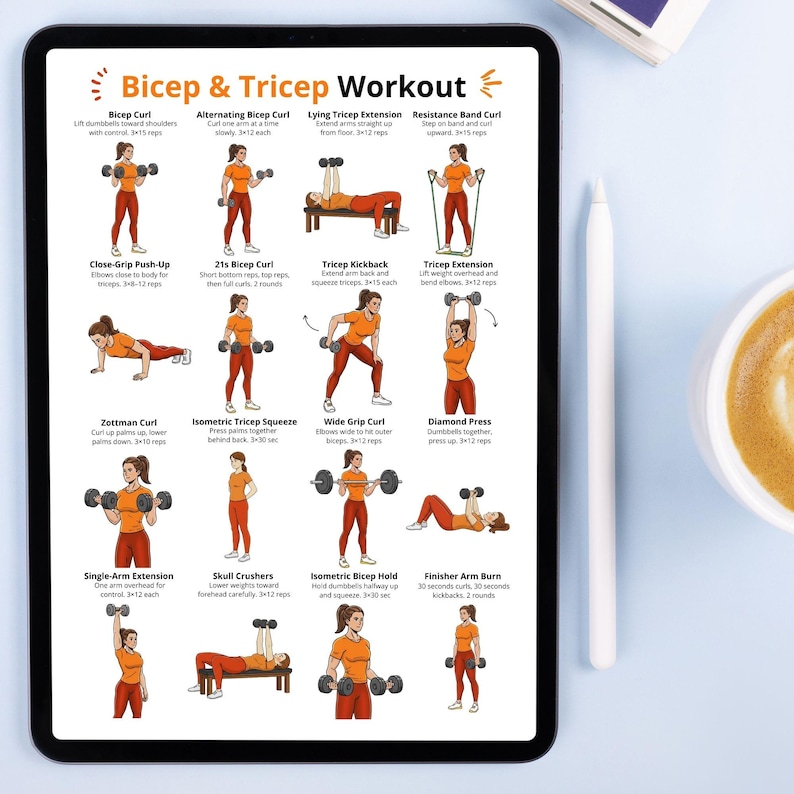 Biceps and Triceps Workout Chart, Arm Exercises With Dumbbells and ...