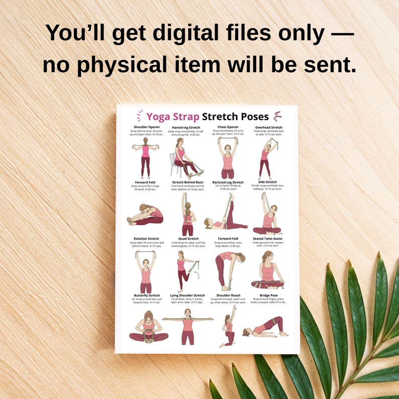 Yoga Strap Stretch Poses Chart Printable, Yoga Prop Wall Art, Yoga ...