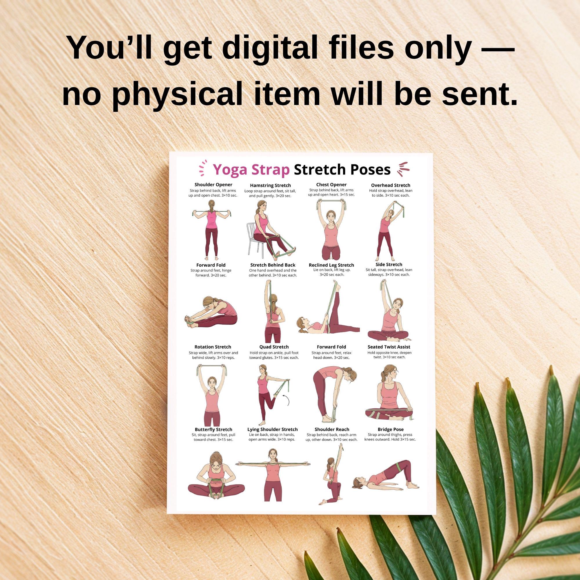 Yoga Strap Stretch Poses Chart Printable, Yoga Prop Wall Art, Yoga ...