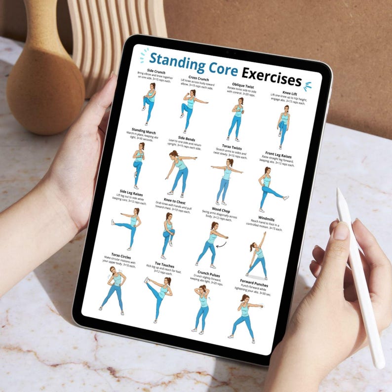 Standing Core Exercises Chart | Gentle Standing Ab and Oblique Workout ...