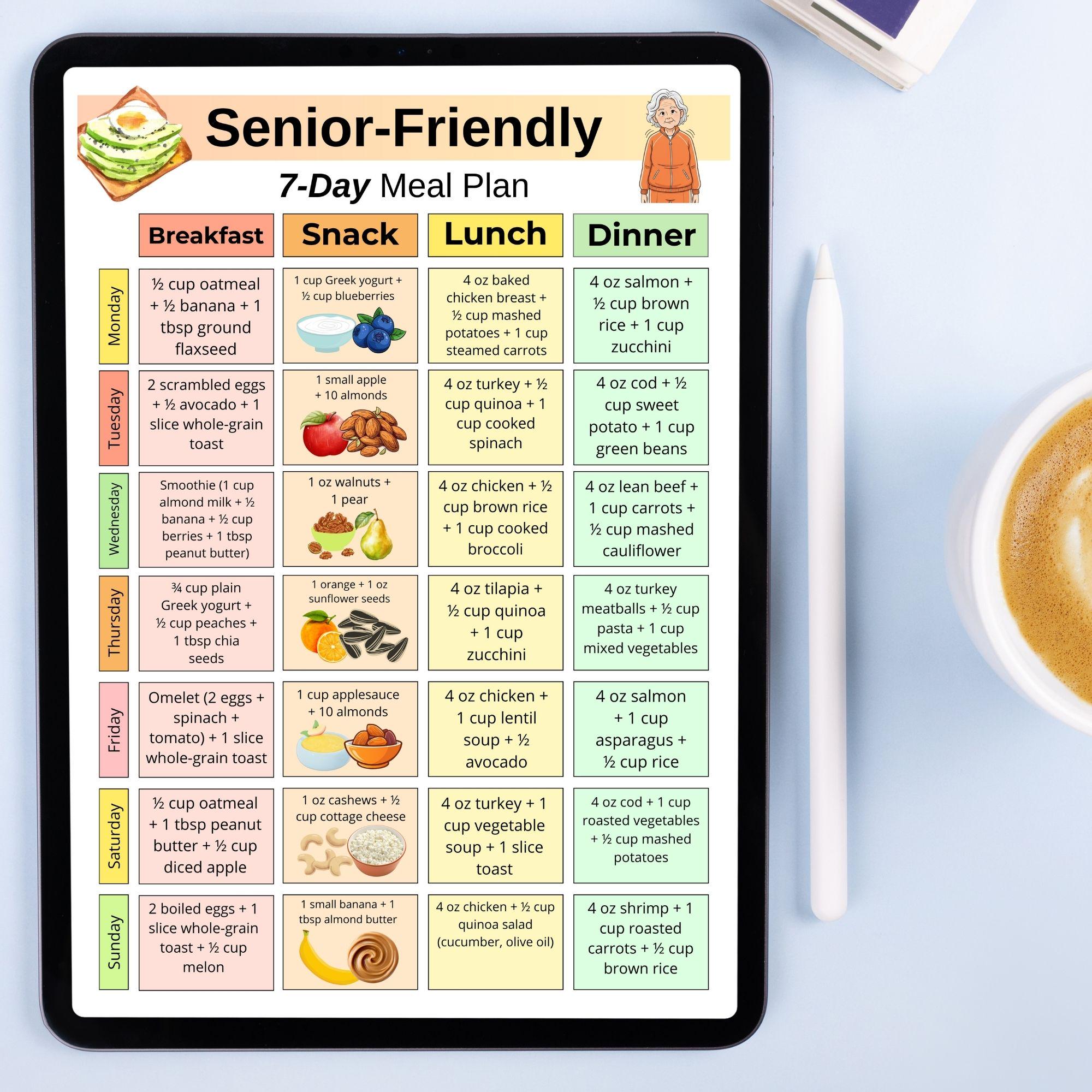Senior Friendly 7 Day Meal Plan Printable | Weekly Menu for Older ...