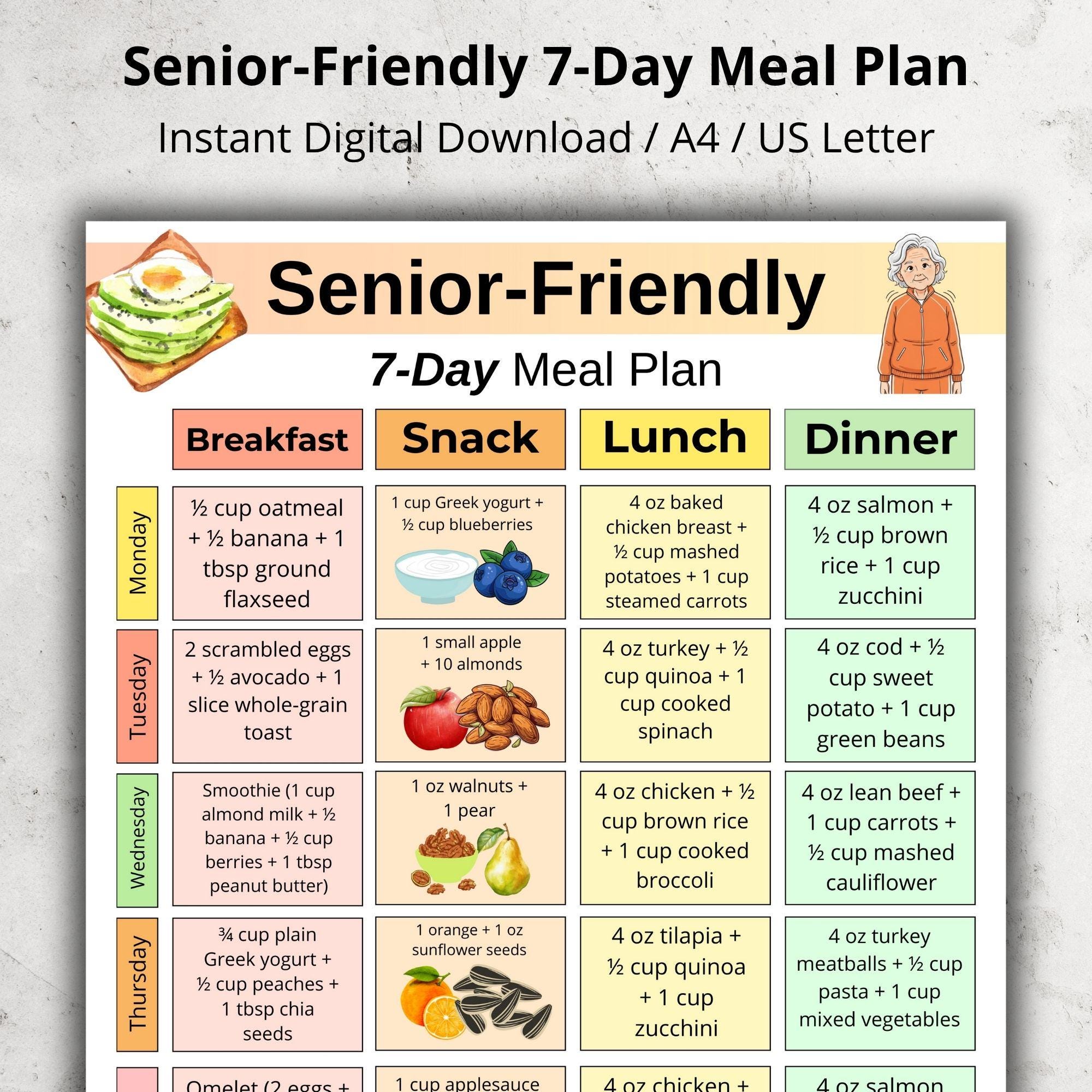 Senior Friendly 7 Day Meal Plan Printable | Weekly Menu for Older ...