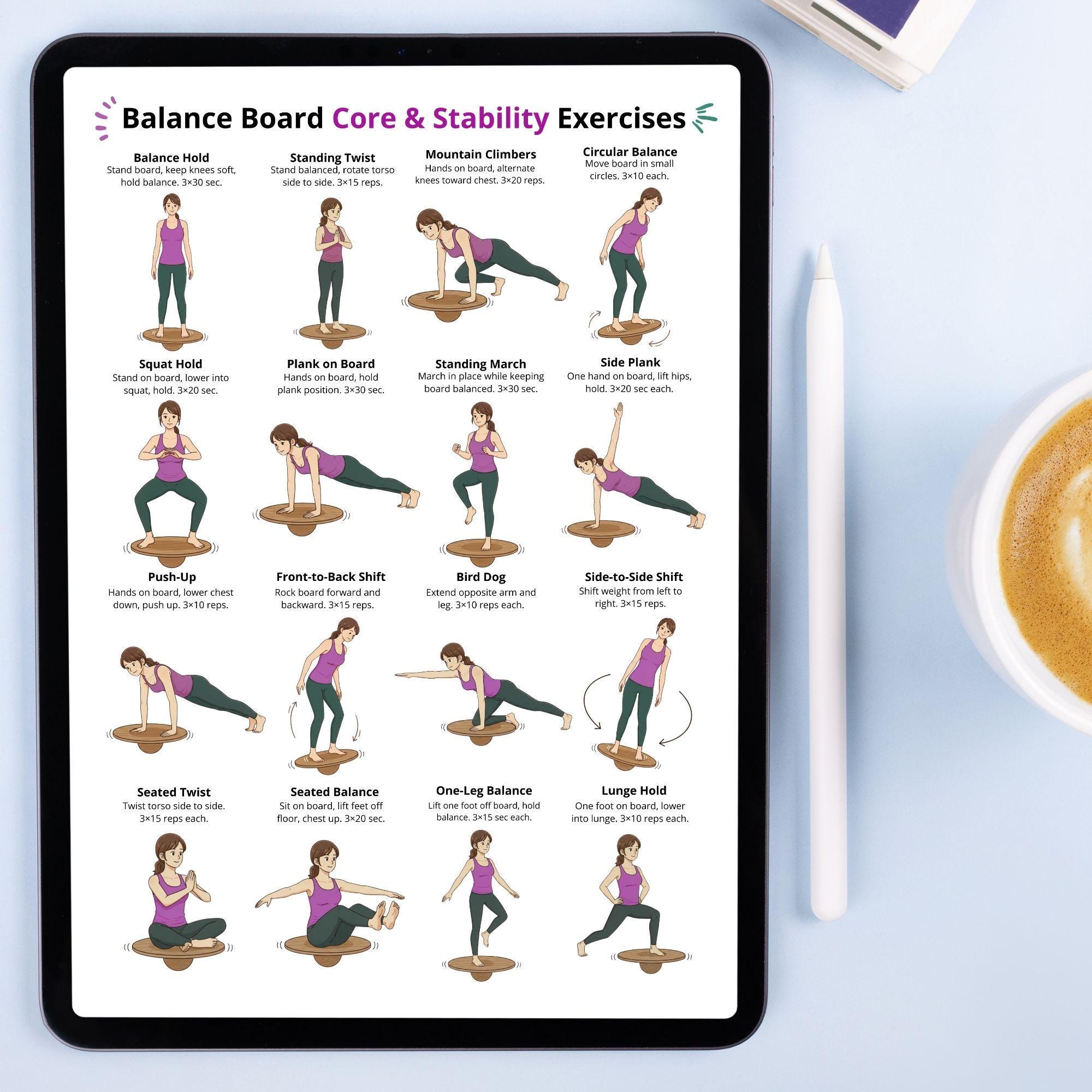 Balance Board Core & Stability Exercises Poster, Wobble Board Workout ...