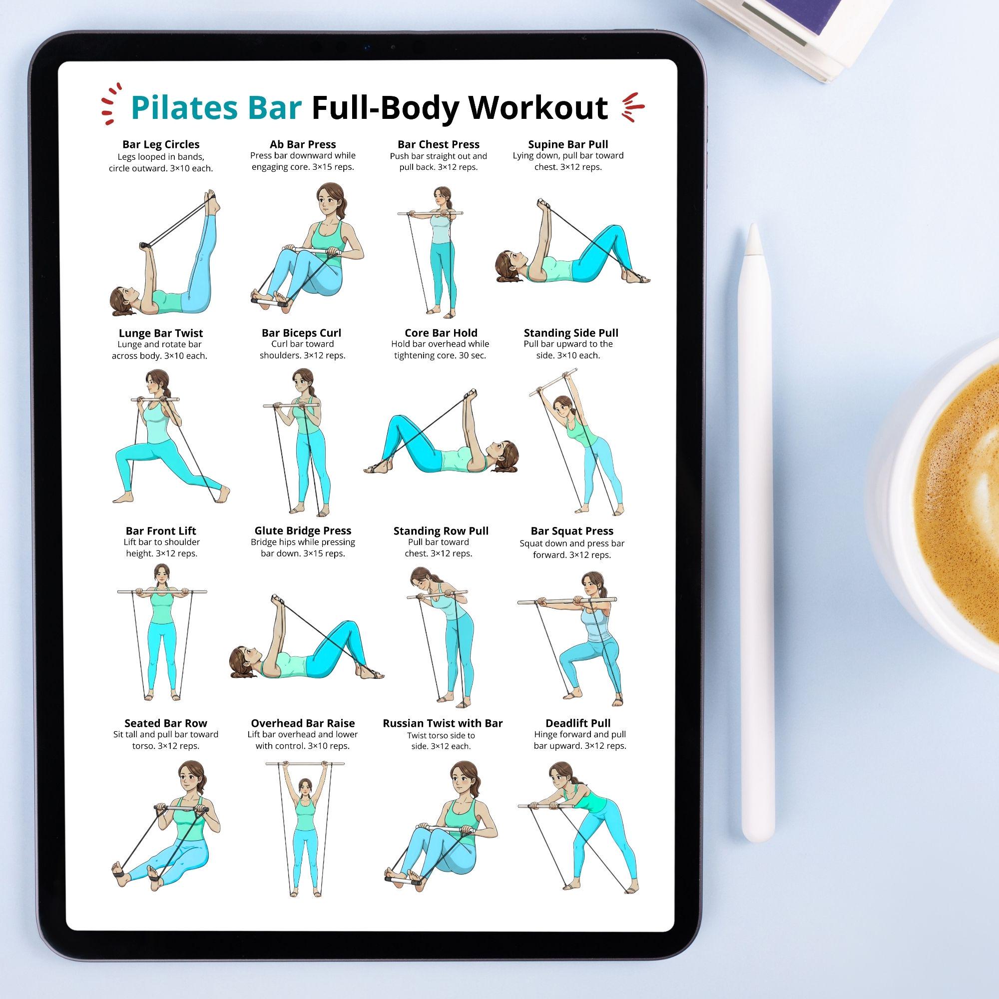 Pilates Bar Workout Poster, Full Body Exercise Chart Printable, Pilates ...