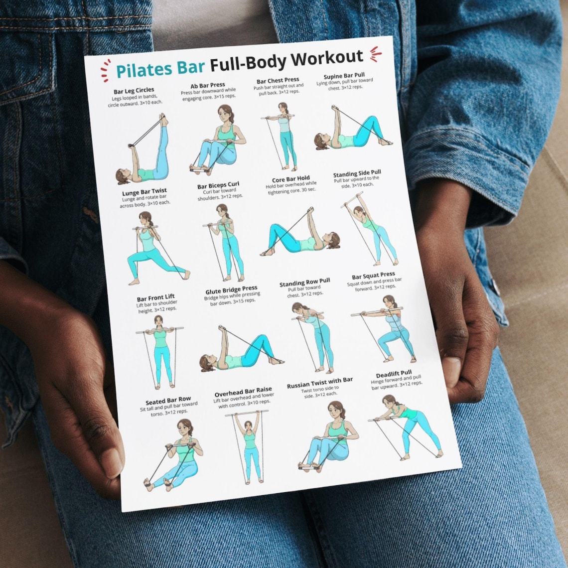 Pilates Bar Workout Poster, Full Body Exercise Chart Printable, Pilates ...