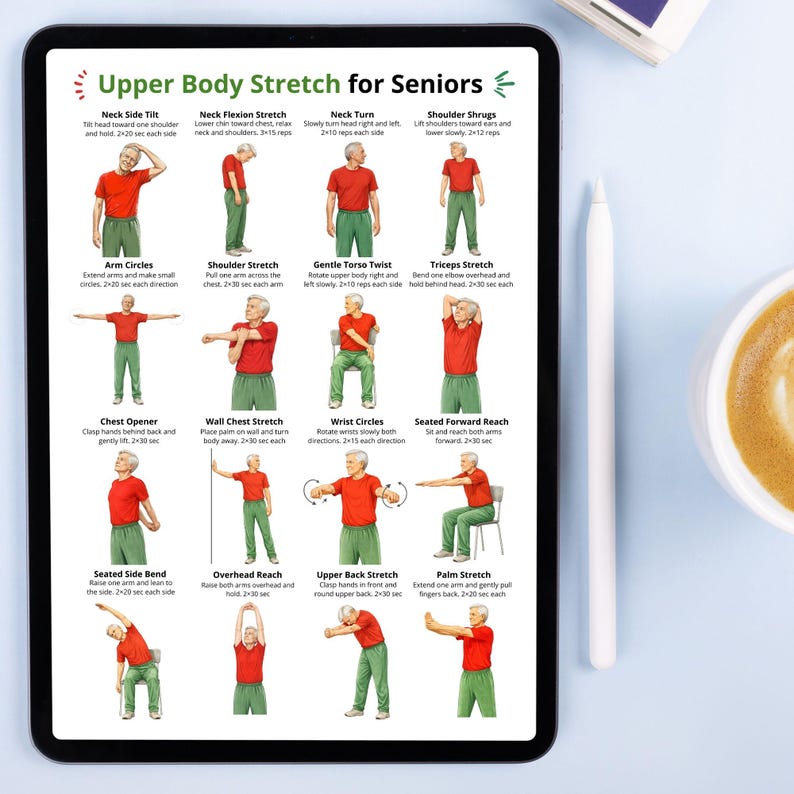 Upper Body Stretch for Seniors Printable PDF, Stretching Exercises for ...