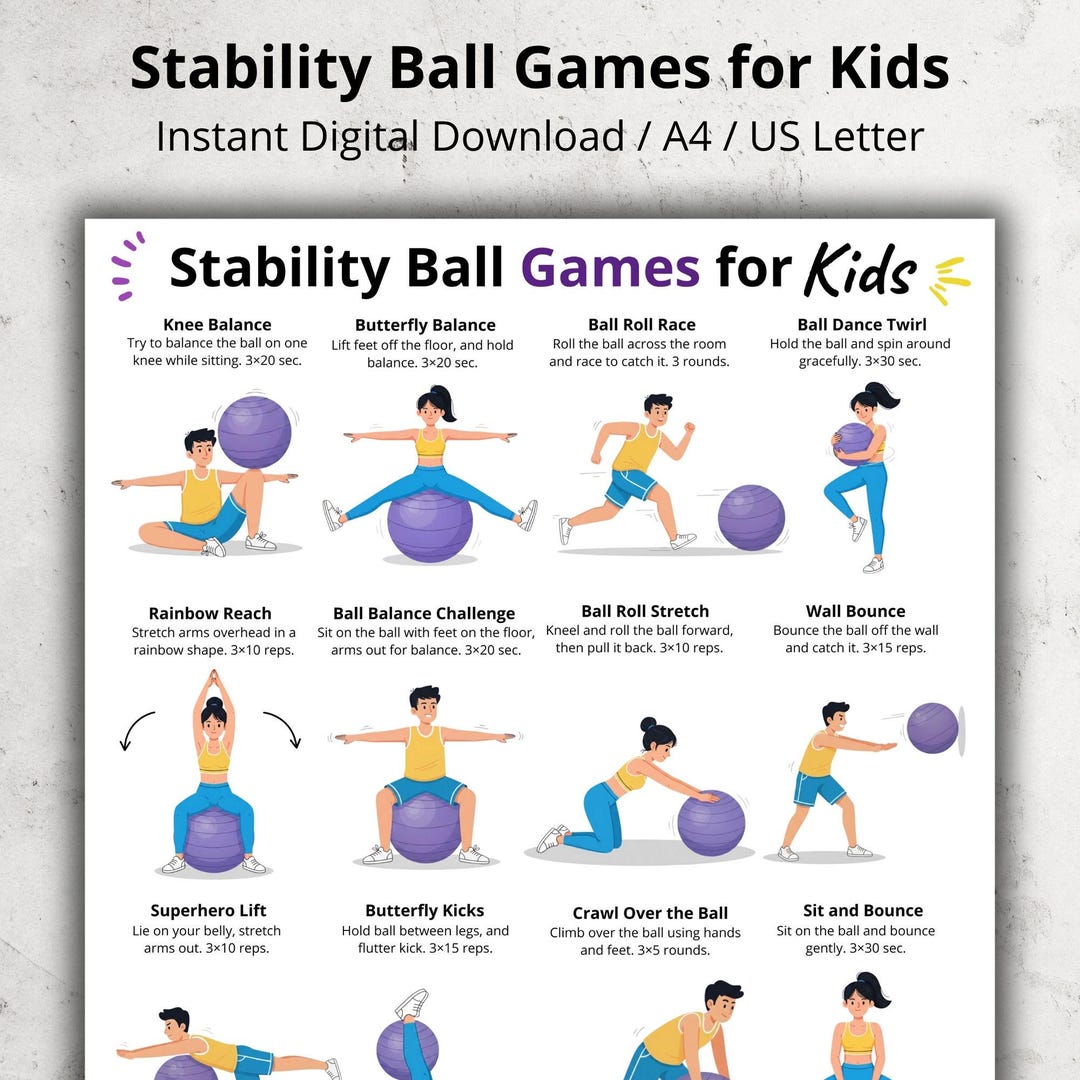 Stability Ball Games for Kids Poster, Exercise Ball Activities Chart ...
