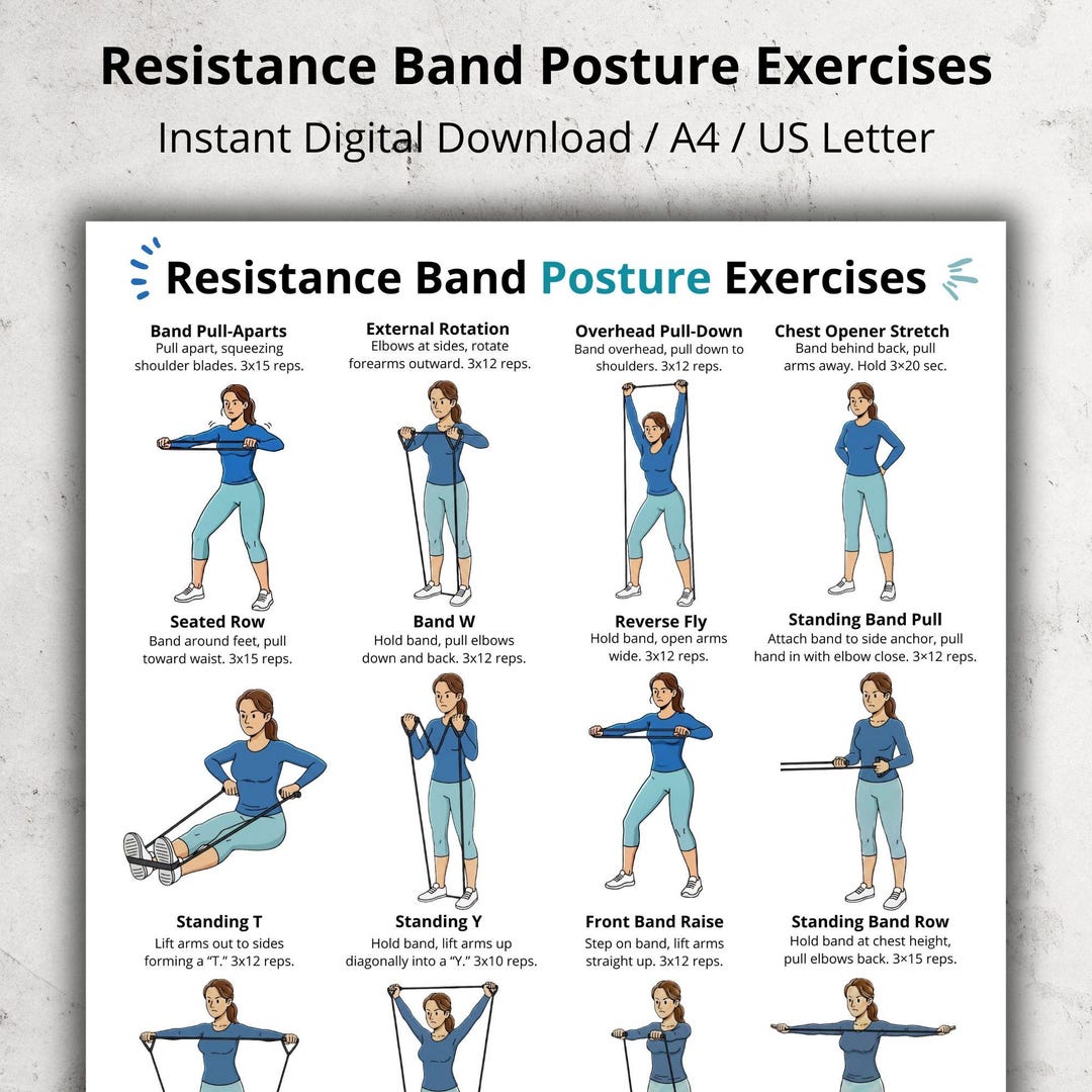 Resistance Band Posture Exercises Poster, Back & Shoulder Stretch Chart ...