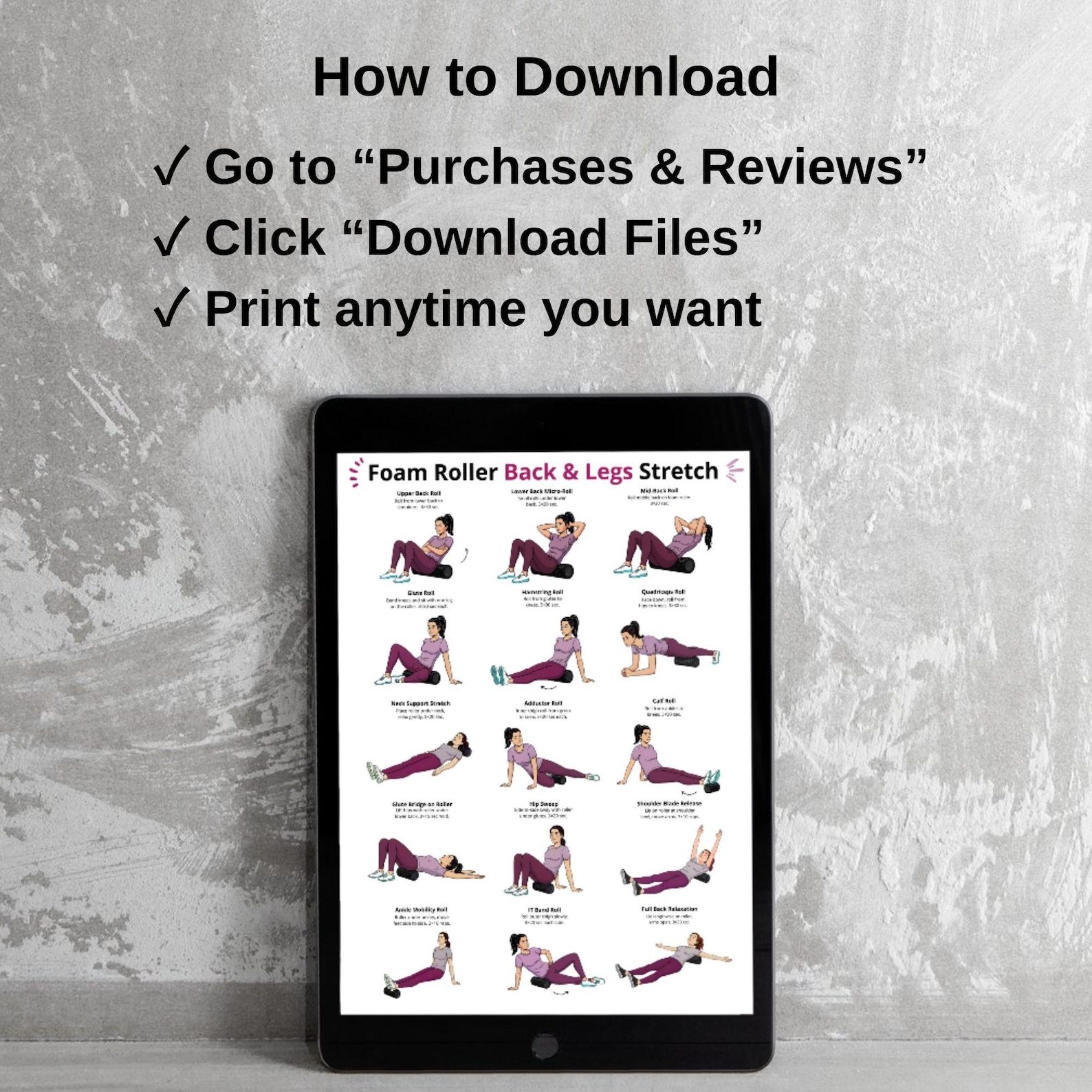 Foam Roller Back & Legs Stretch Poster, Printable Foam Roller Exercises ...