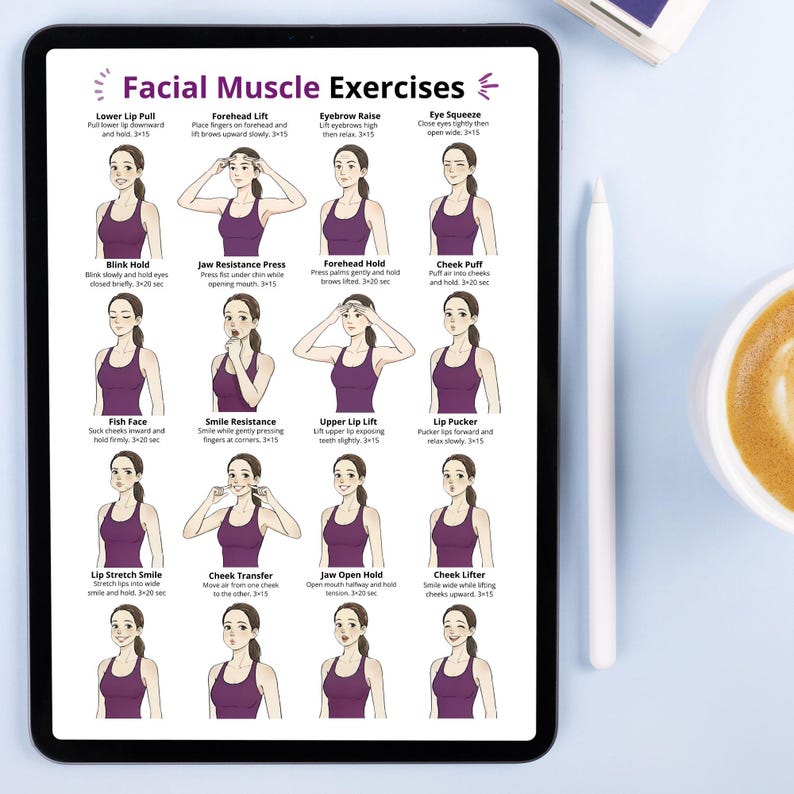 Facial Muscle Exercises for Face Poster, Jawline & Neck - Face Yoga ...