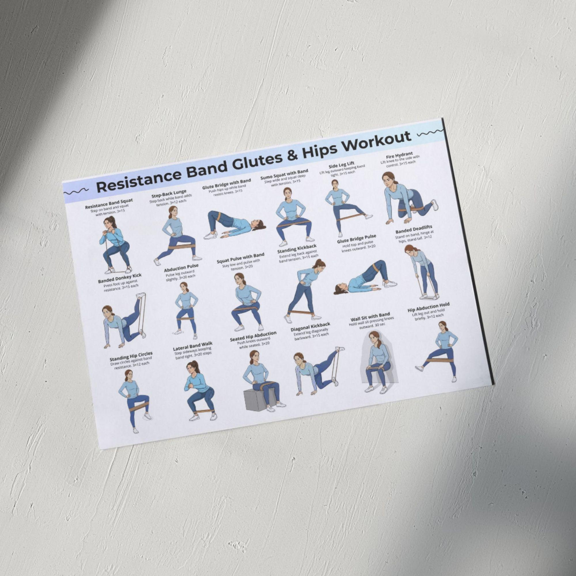 Resistance Band Glutes & Hips Workout Poster, Resistance Band Lower ...