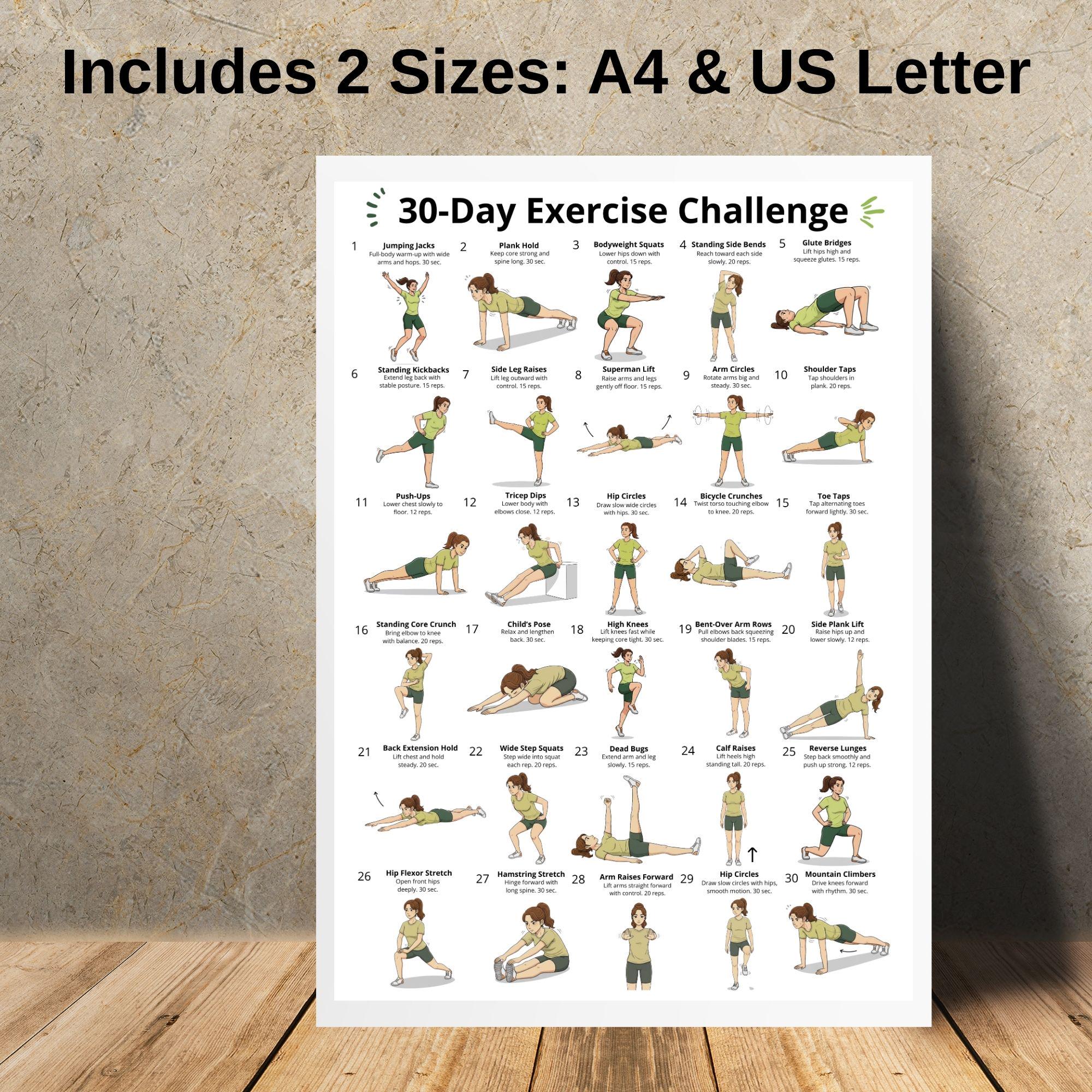 30 Day Exercise Challenge Poster, Daily Exercise Chart Printable, Home ...