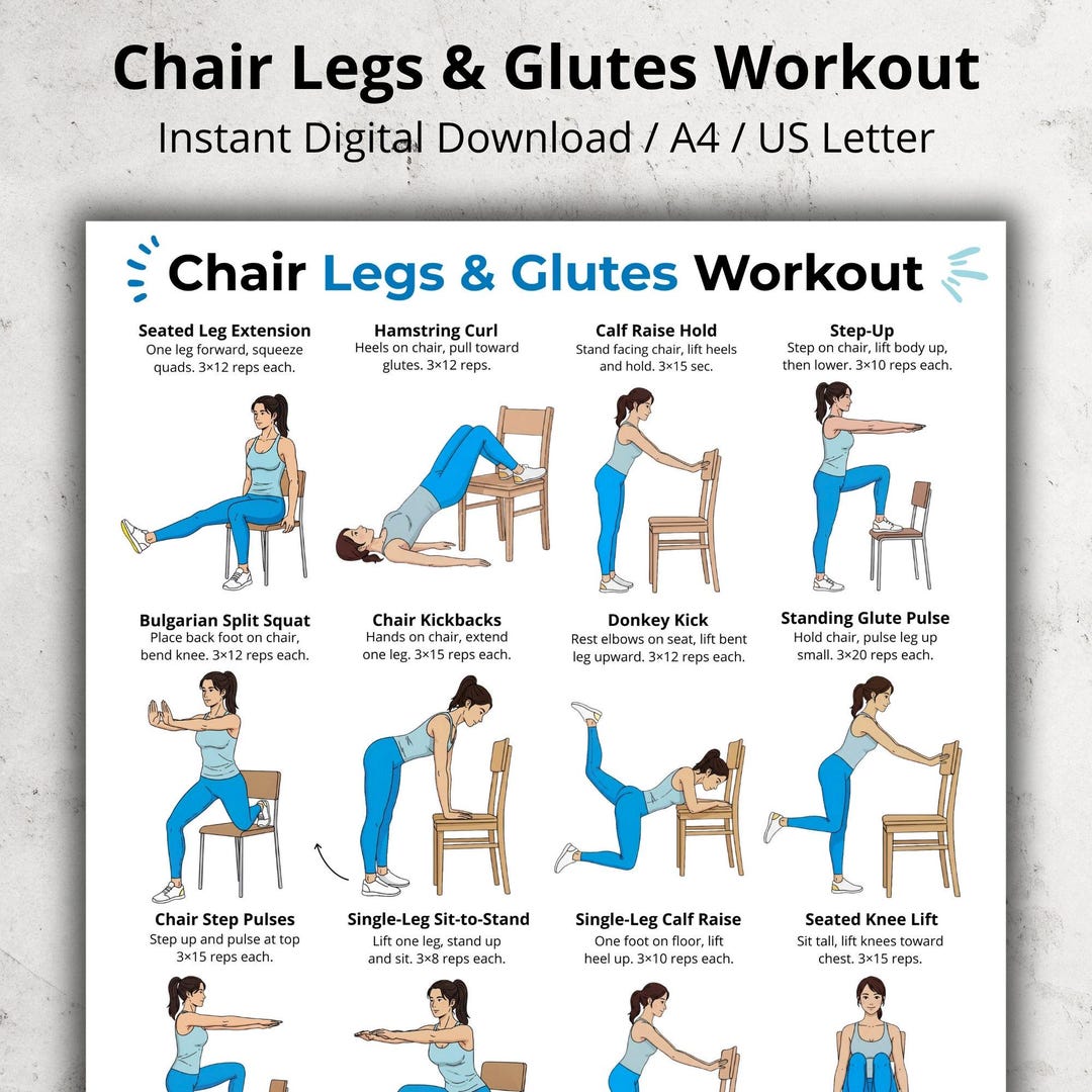 Chair Legs & Glutes Workout PDF Poster, Seated Exercise Chart, Home ...
