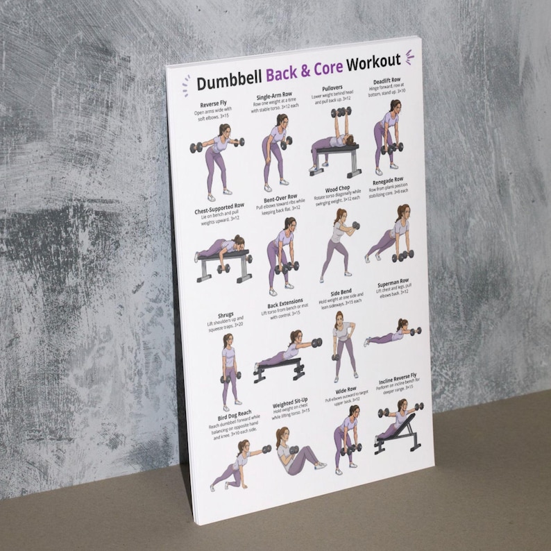 Dumbbell Back & Core Workout Poster, Back Exercise Chart, Core ...