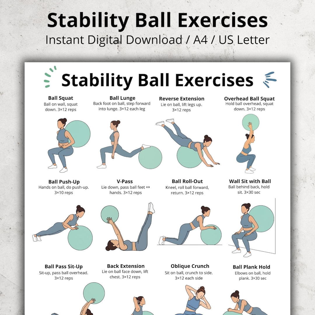 Stability Ball Exercises Poster | Beginner Swiss Ball Workout Chart for ...
