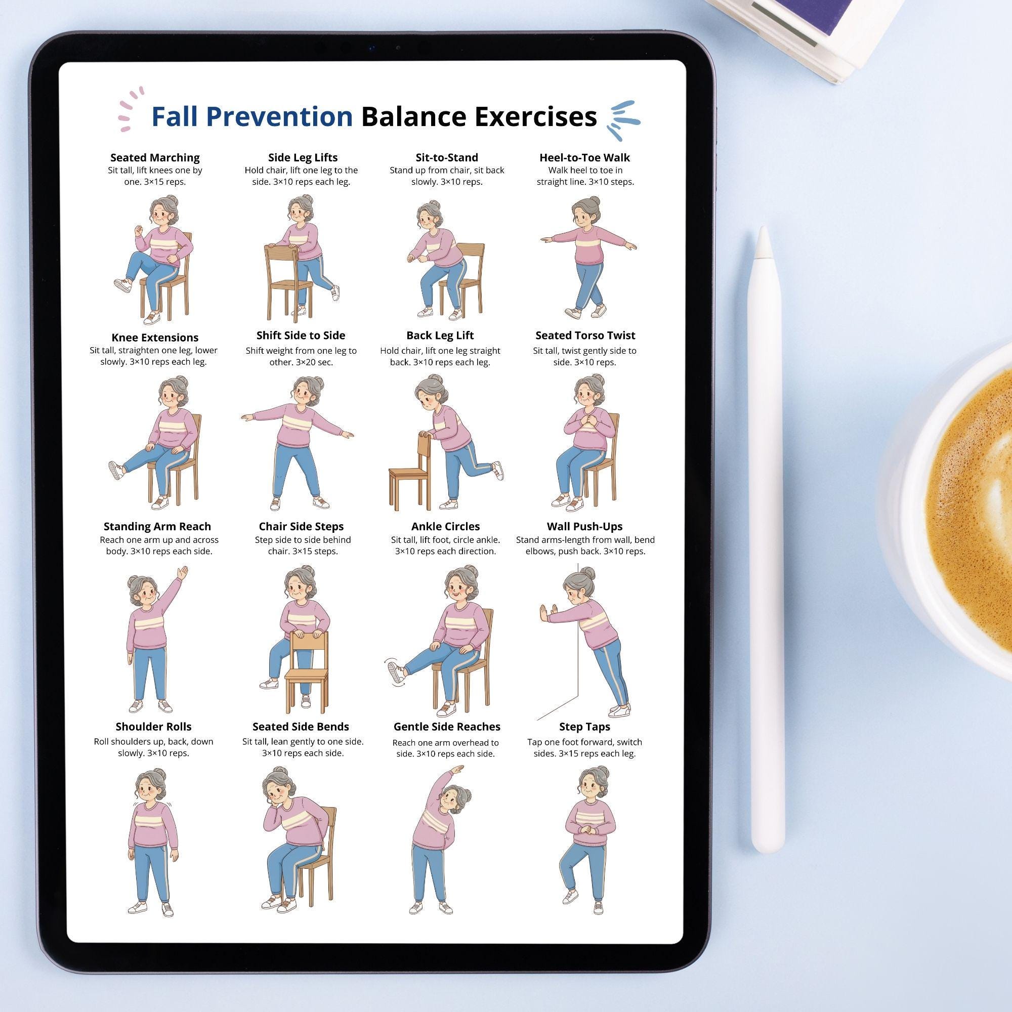 Balance & Stability Exercises Printable, Standing and Seated Chair ...