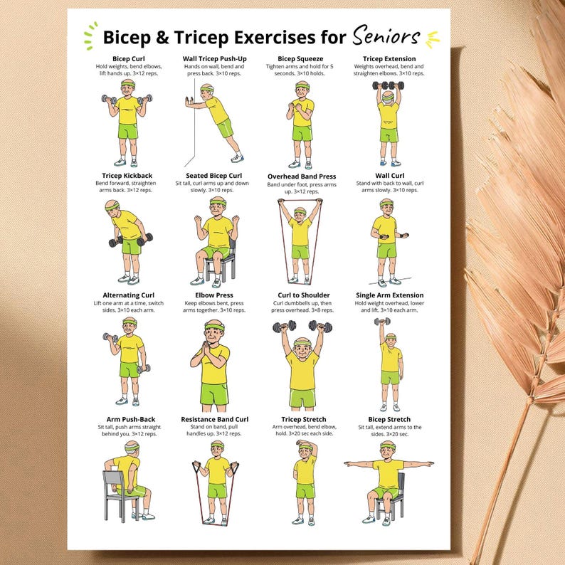 Bicep and Tricep Exercises for Seniors, Chair Arm Workout Printable ...