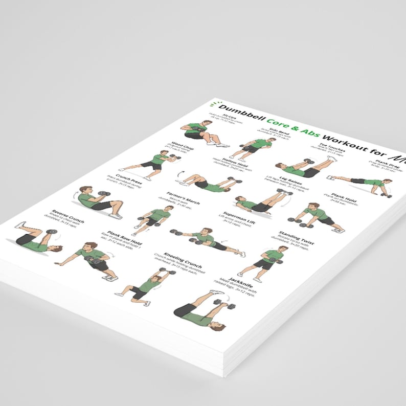 Dumbbell Core & Abs Workout for Men Poster, Dumbbell Ab Exercises Chart ...