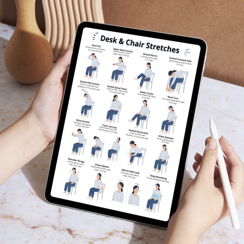 Desk & Chair Stretches Poster | Seated Stretching Exercises Chart ...