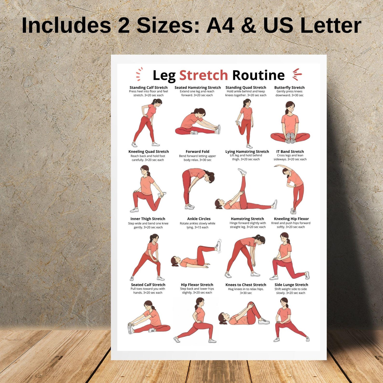 Leg Stretch Routine Printable Poster, Lower Body Stretching Exercises ...