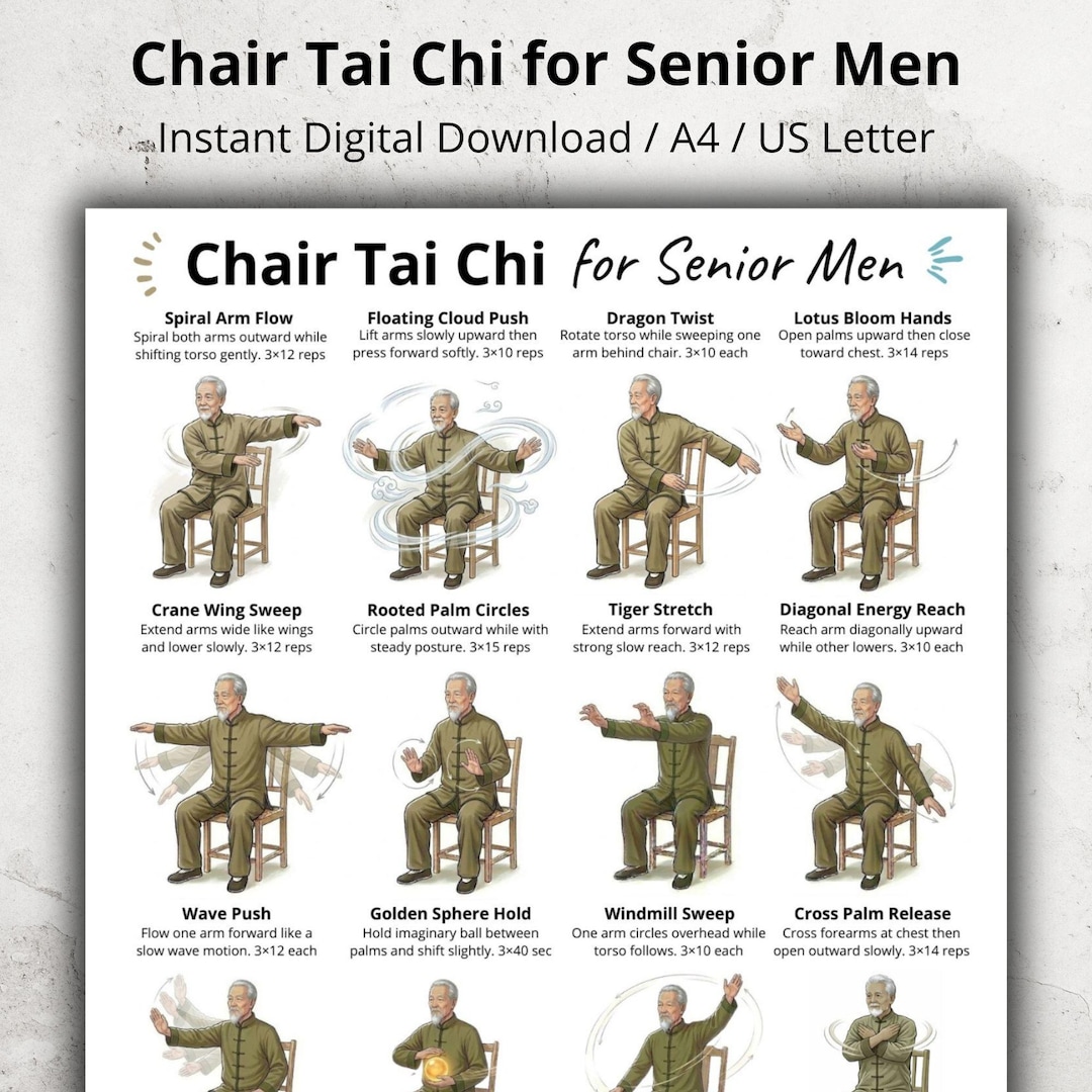 Chair Tai Chi for Senior Men Poster Printable PDF, Seated Tai Chi ...
