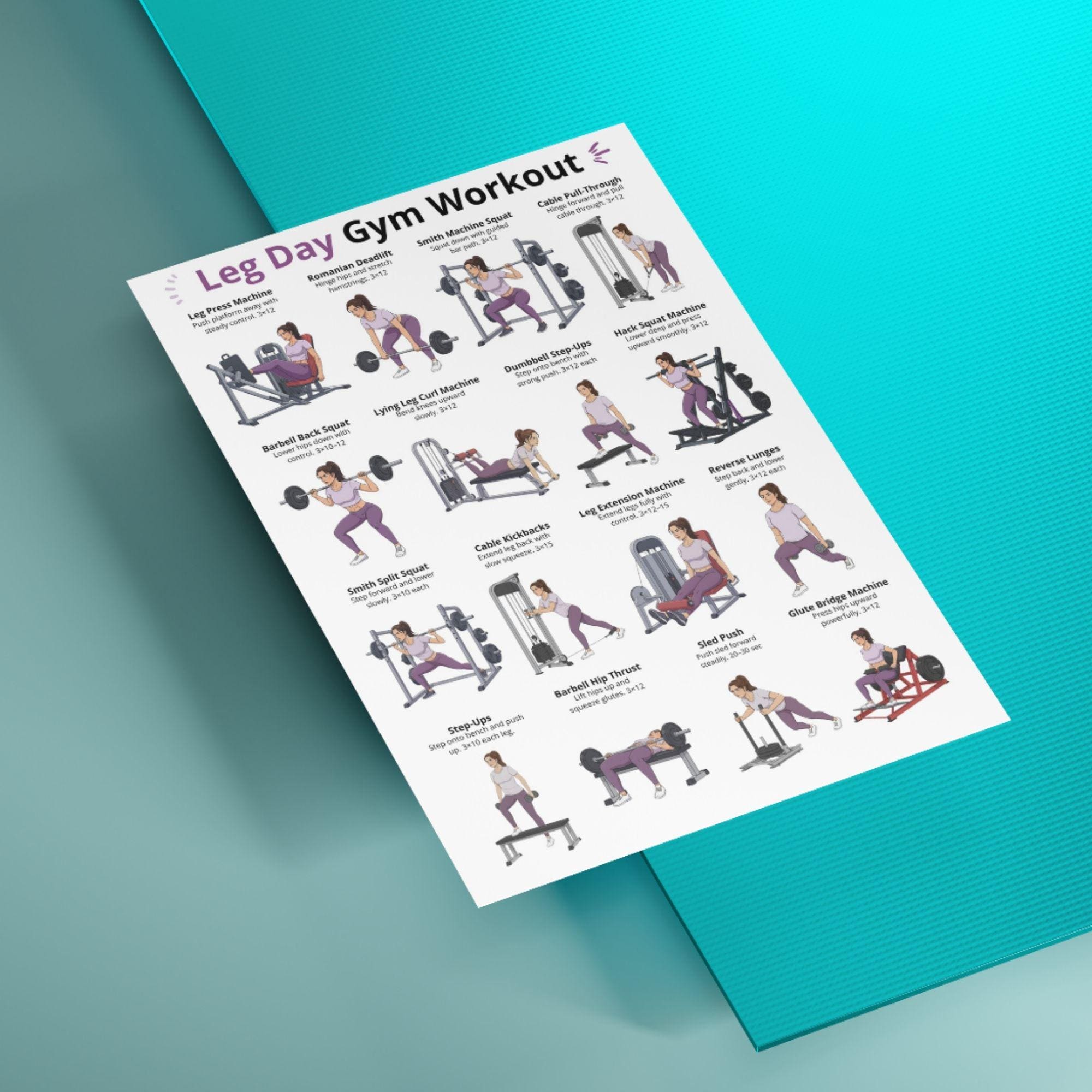 Leg Day Gym Workout Poster, Lower Body Workout Chart Printable, Glutes ...