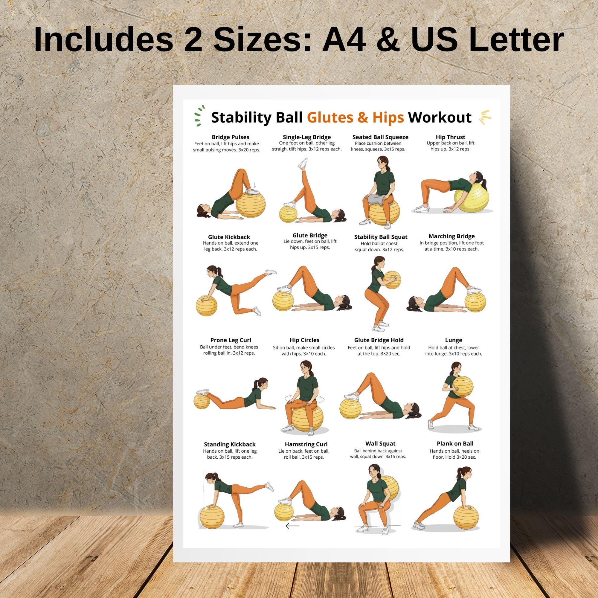 Stability Ball Glutes & Hips Workout Poster, Exercise Ball Printable ...