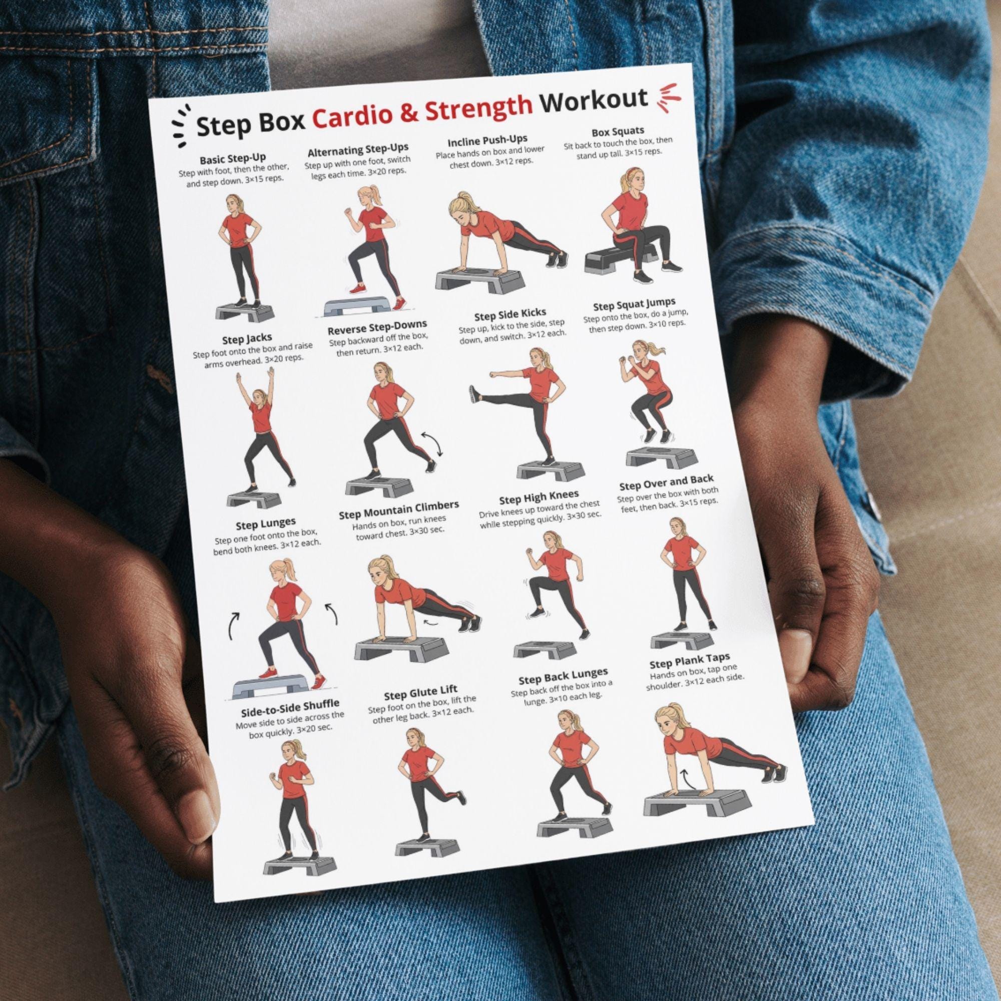 Step Box Workout Poster PDF, Aerobic Step Cardio Exercises Chart ...