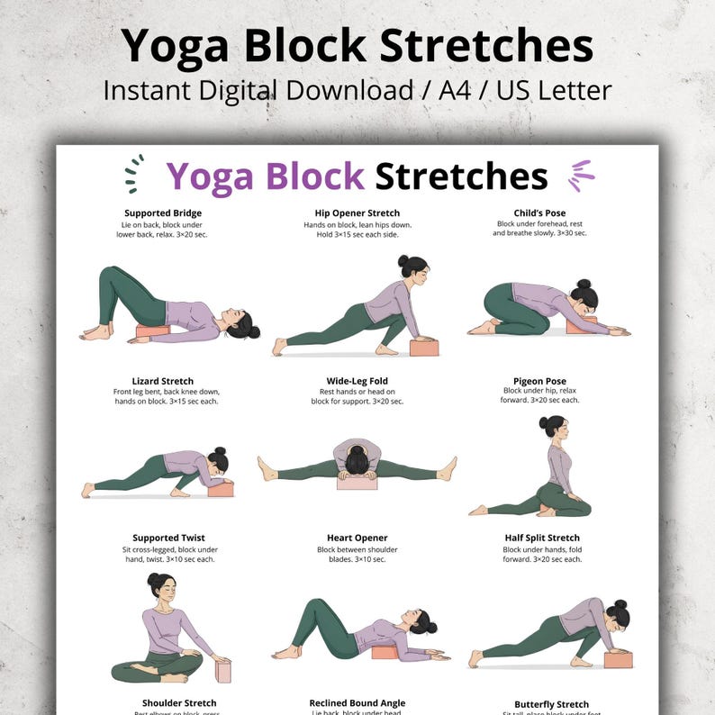 Yoga Block Stretch Chart Printable, Yoga Pose Wall Art, Yoga Prop ...