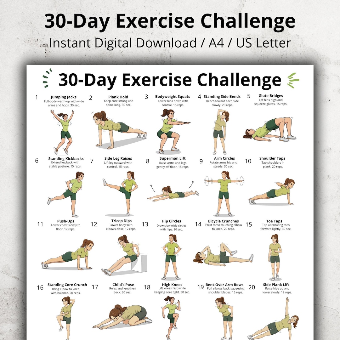 30 Day Exercise Challenge Poster, Daily Exercise Chart Printable, Home ...