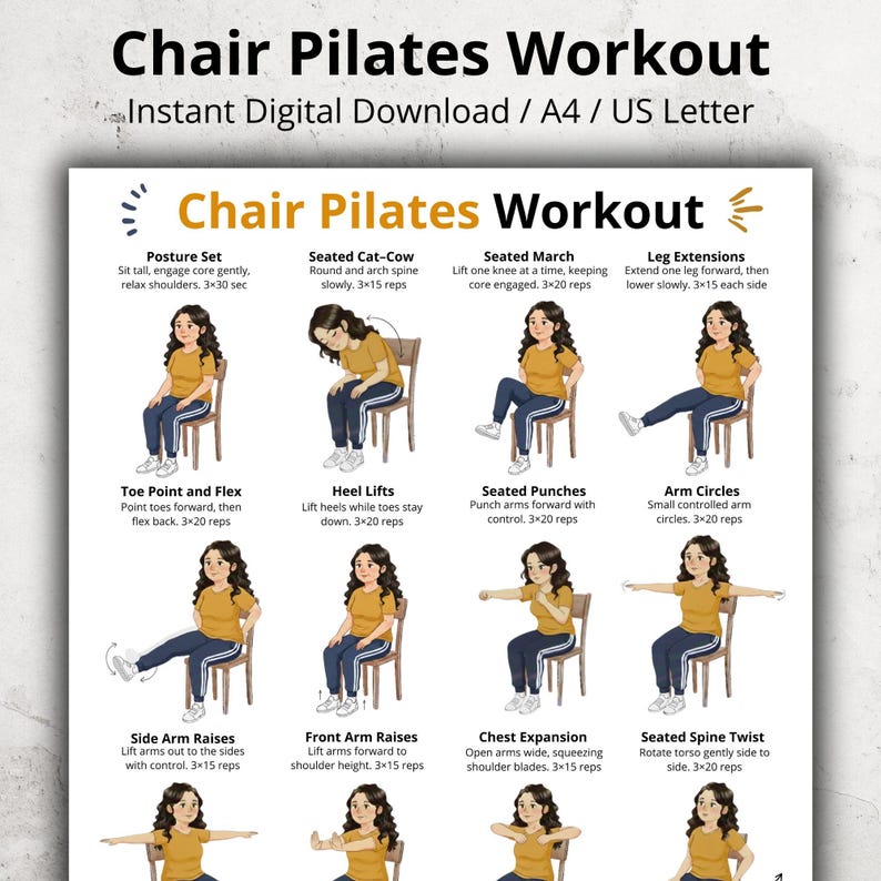 Chair Pilates Workout Printable, Seated Full Body Exercises at Home ...