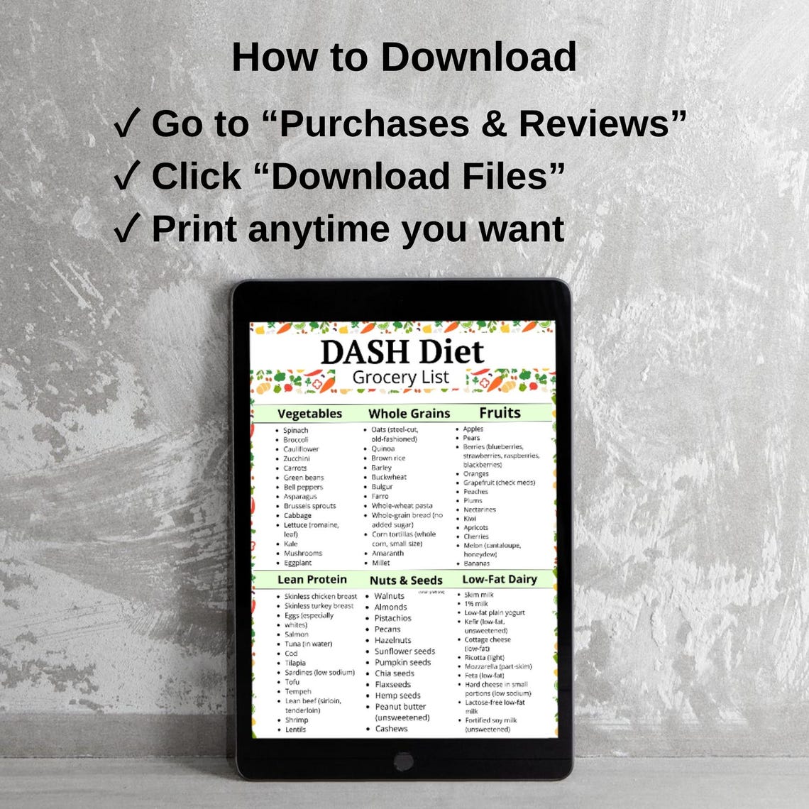 DASH Diet Grocery List, High Blood Pressure Food Chart PDF, Low Sodium ...