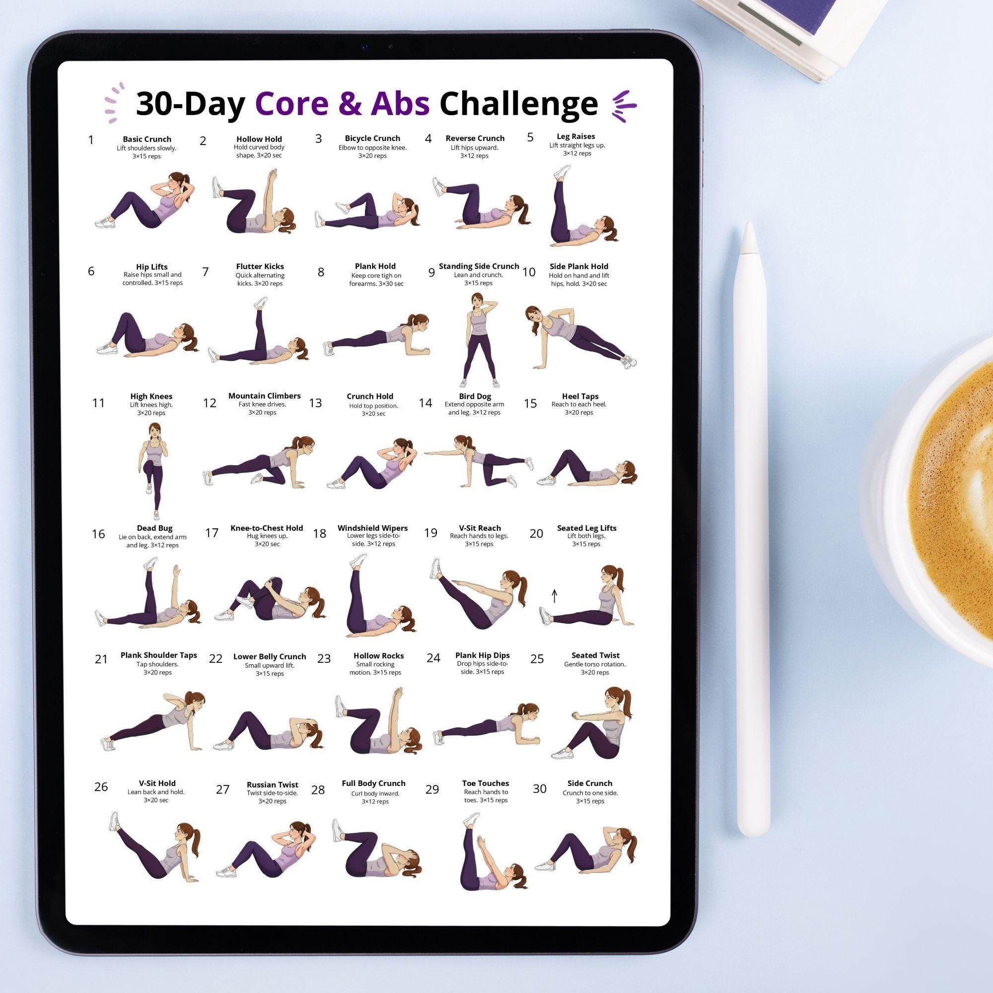 Core & Abs Workout Charts Set, Standing Core Exercises, Lower Belly Abs ...