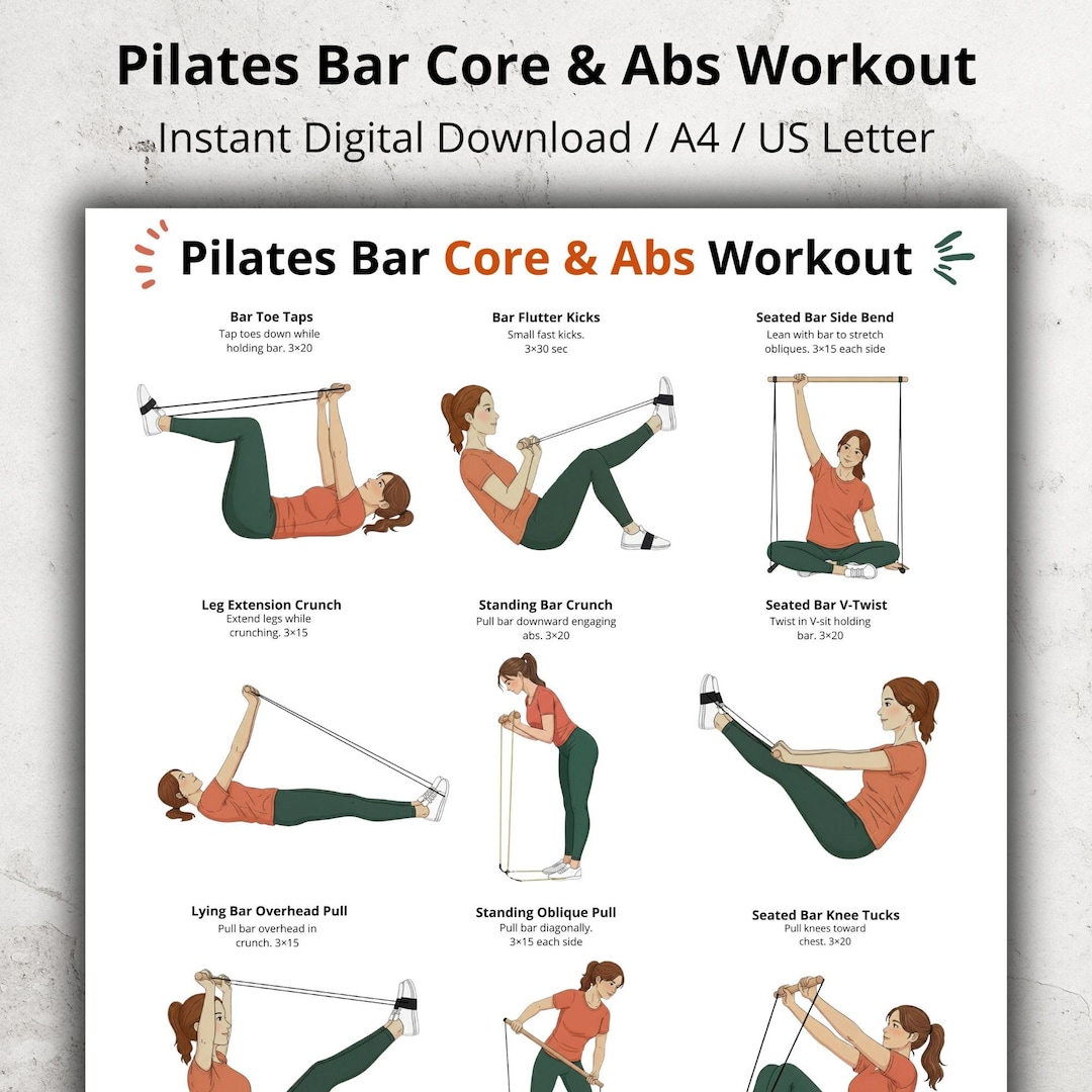 Pilates Bar Core & Abs Workout, Core Abs Exercises Chart, Pilates Bar ...