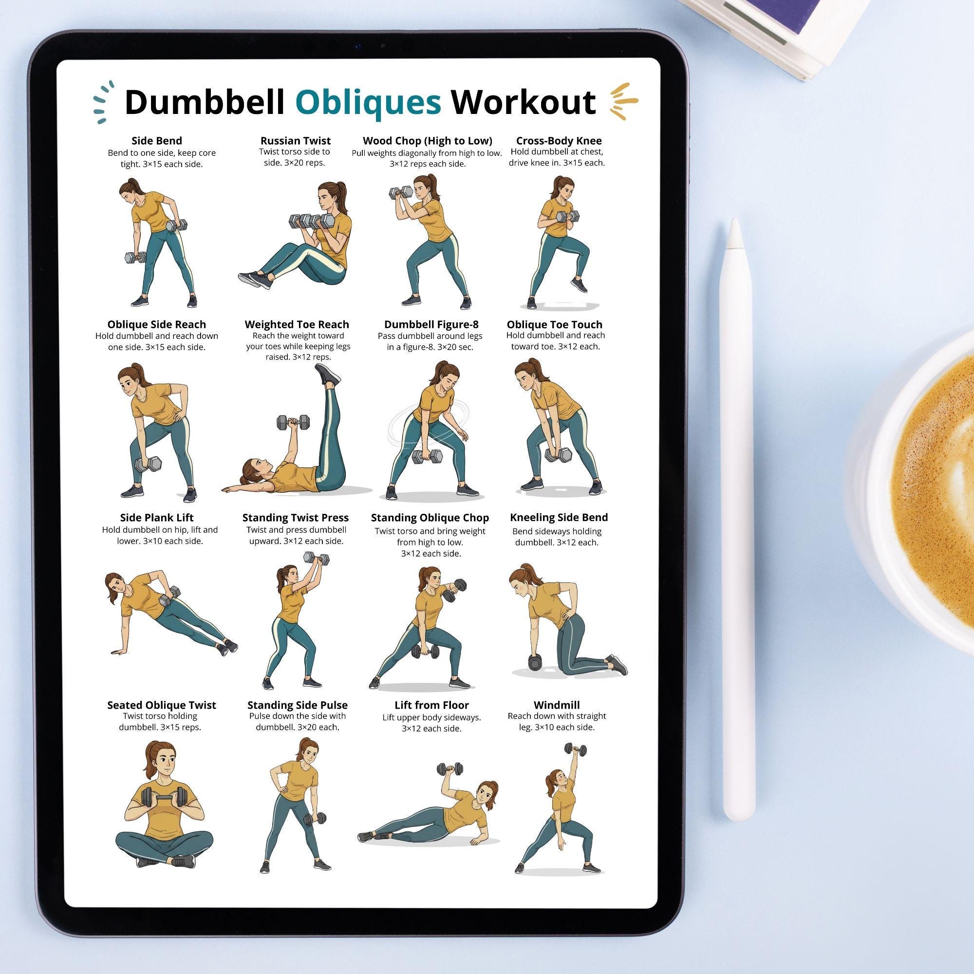 Dumbbell Obliques Workout Poster, Dumbbell Core Exercises Printable ...