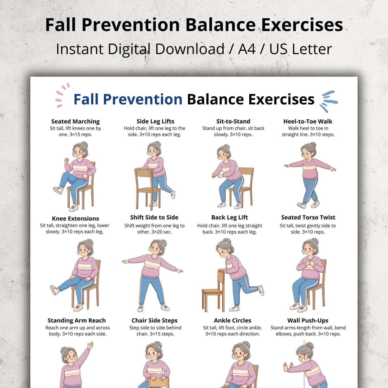 Balance & Stability Exercises Printable, Standing and Seated Chair ...