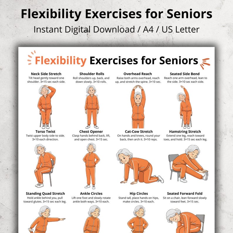 Flexibility Exercises for Seniors Printable | Gentle Stretching Chart ...